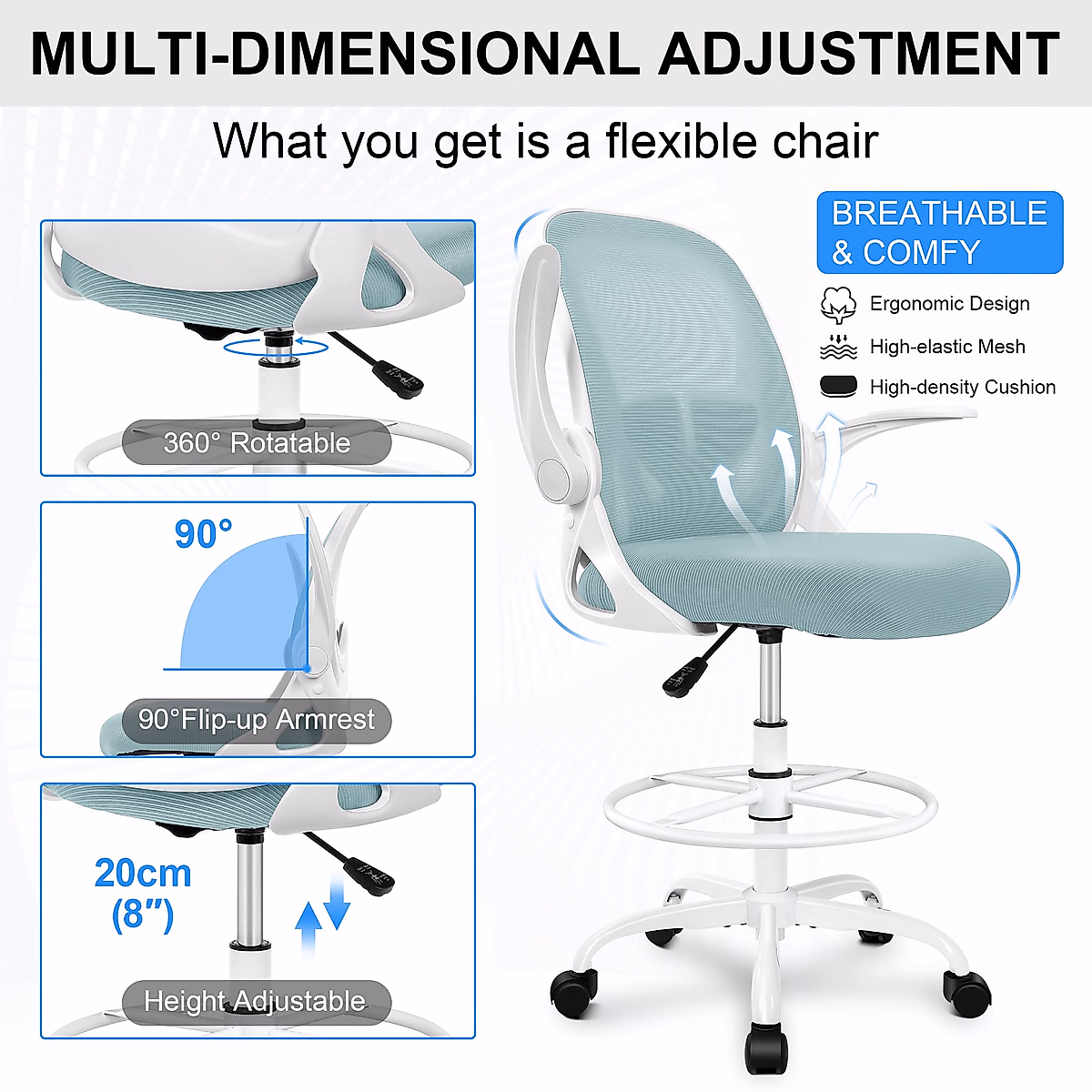 Primy Drafting Chair Tall Office Chair with Flip-up Armrests Executive Ergonomic Computer Standing Desk Chair with Lumbar Support and Adjustable Footrest Ring（Light Blue）