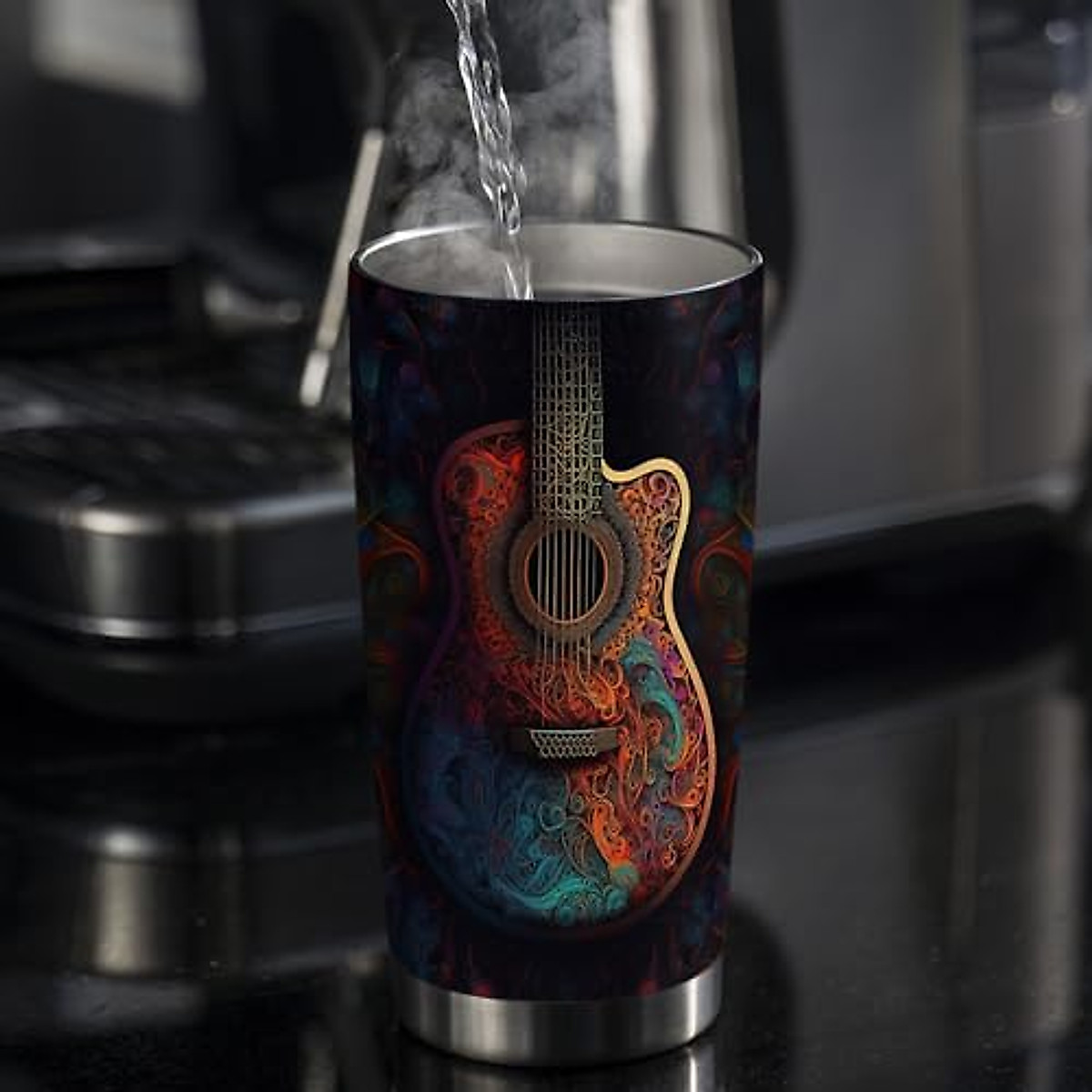 20oz Hippie Acoustic Guitar, Guitarist, Musician Gifts, Coffee Thermos for Men, Women, Stainless Steel Double Wall Vacuum Insulated Coffee Mug, Travel Cup with Lid