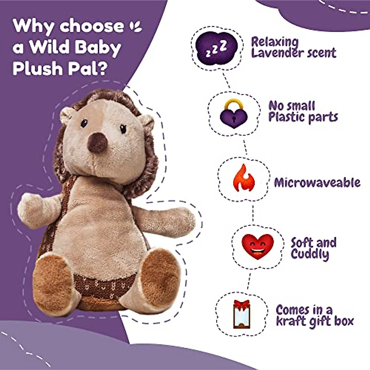 WILD BABY Hedgehog Weighted Stuffed Animals - Microwavable Animals with Lavender, 12 inch Heatable Plush for Kids - Soft, Cuddly, Warming Stuffed Animal for Baby - Gift Box Ready