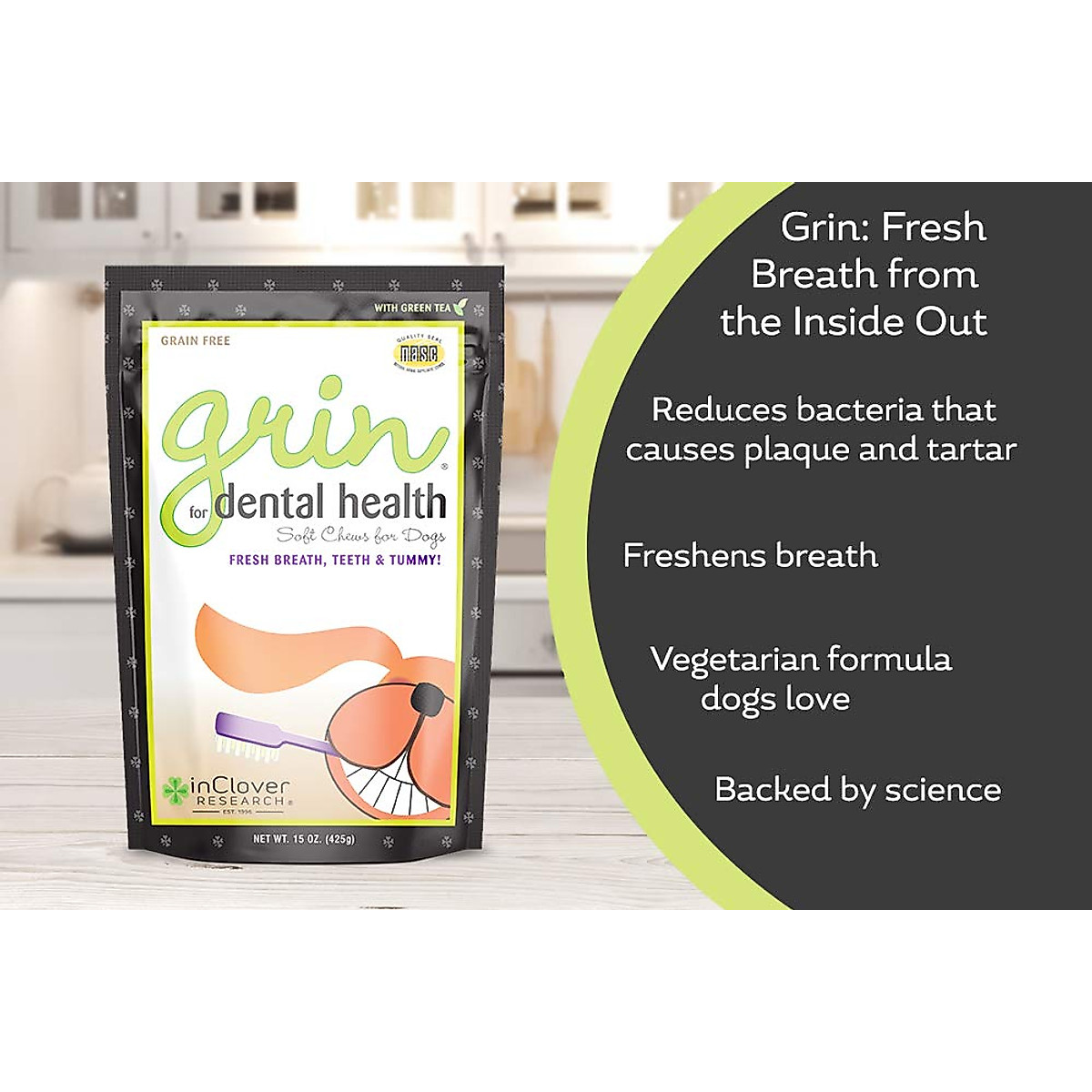 In Clover Natural Dental Treat Chew for Dogs, Grin, Fresh Breath Dog Chew Treat with Prebiotics, Fresh Breath Tartar Control Chew for Dogs, Daily Chew Supplement for Dogs Supports Dog Gums and Teeth