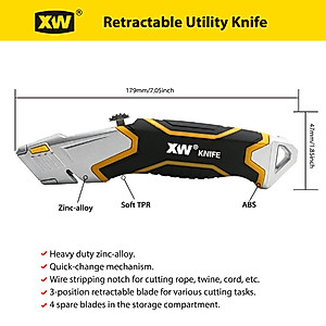 XW Retractable Utility Knife, Heavy Duty Box Cutter with 4 Spare Blade Storage in Handle,10 Extra Blades