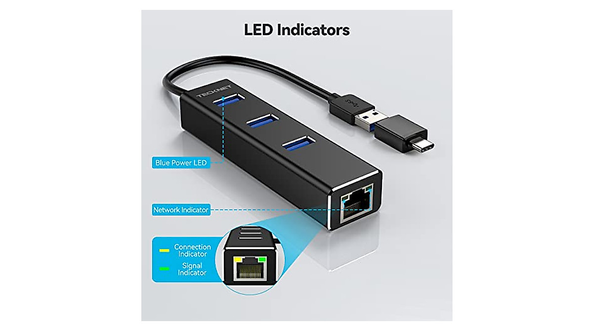 TECKNET USB to Ethernet Adapter with 3-Port USB Hub & Gigabit Ethernet
