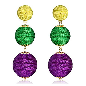 Raffia Earrings Boho Rattan Ball Earrings for Women Handmade Rattan Dangle Drop Earrings Summer Beach Long Earrings Holiday Accessory Gifts (Mardi Gras Color)