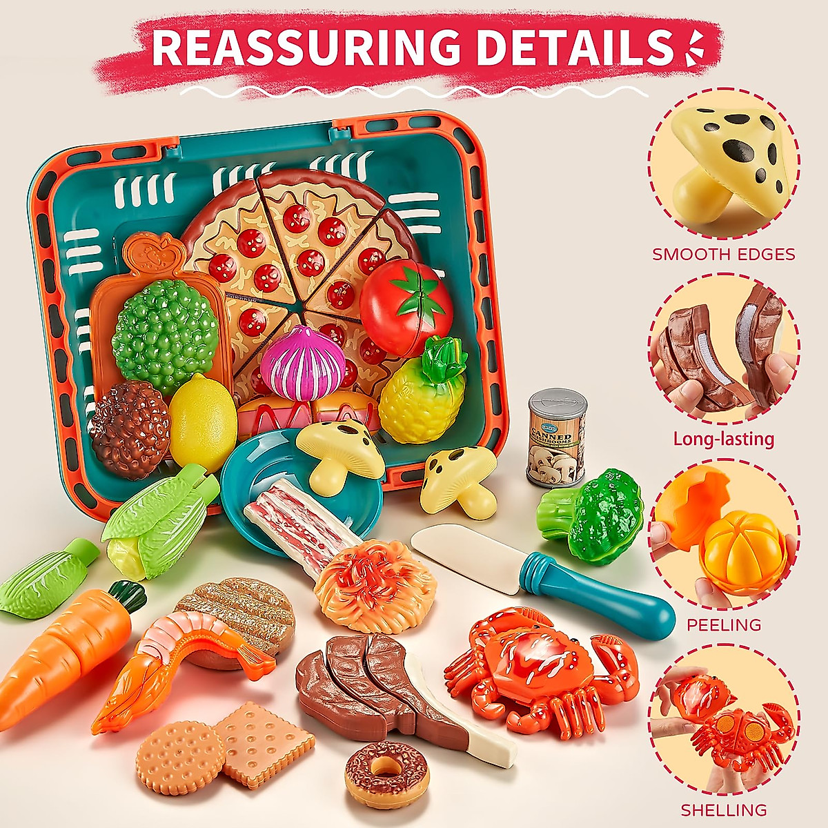 Comirth Pretend Play Food Sets for Kids Kitchen 61Pc, Storage Basket Cutting Toy Food, Fake Food for Toddlers, Play Kitchen Accessories Toys with Fruits Vegetables, Educational Gift for Girls Boys