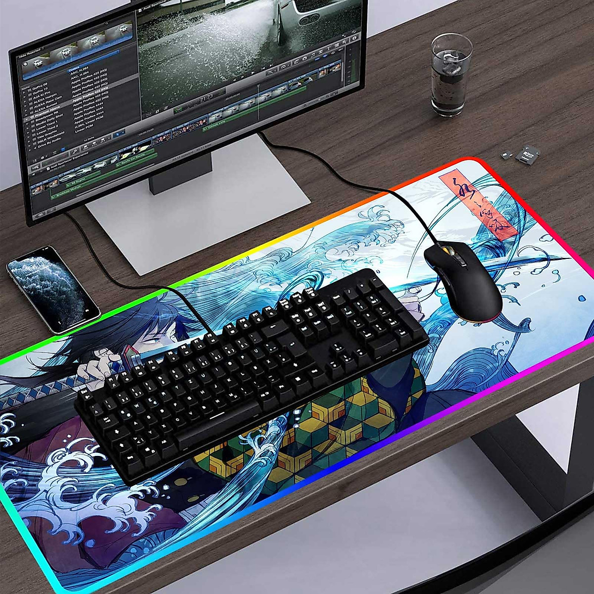 RGB Large Gaming Mouse Pad Anime Giyu Sword,Laptop Desk Pad,Mousepad with Stitched Edge Frame & Non-Slip Rubber Base,Computer Keyboard and Mice Pads Mouse Mat 31.5X15.7