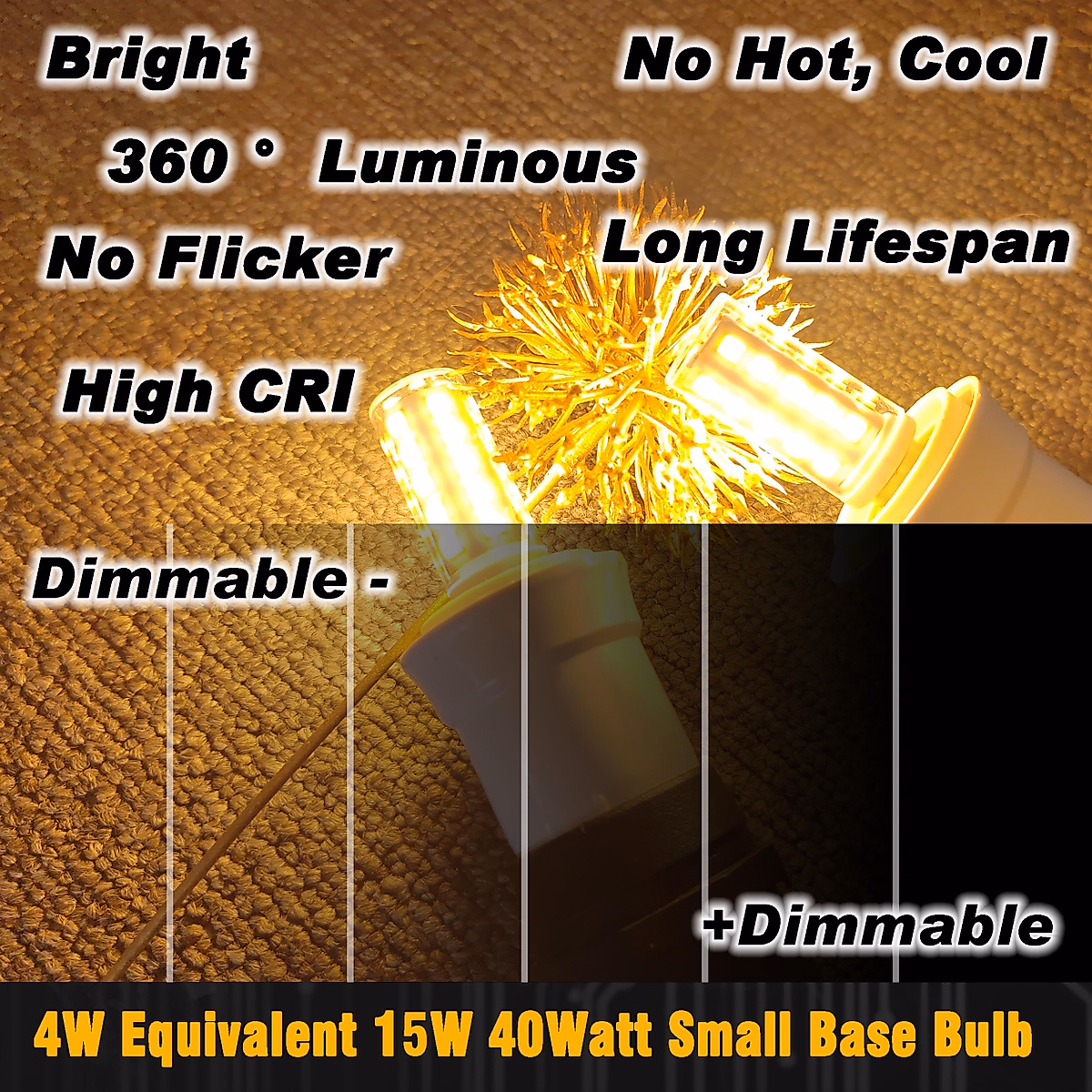 Dimmable E12 LED Bulb Himalayan Salt Lamp 4W, Equivalent 15W 40W, 400lm 2700K Warm White AC120V S6 C7 E12 Candelabra Base for Night Light Chandeliers Christmas Light Candle Lamp Dryer Bulbs, 4 Pack