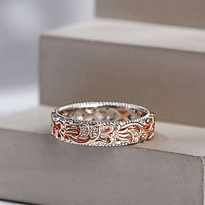 Jeulia Floral Ring Band Sterling Silver Two Tone Leaf Carved Vintage Unique Hollow Flower Rose Gold Jewelry Engagement Wedding Bridal Sets Stackable Anniversary Promise with Gift Box (Floral, 7)