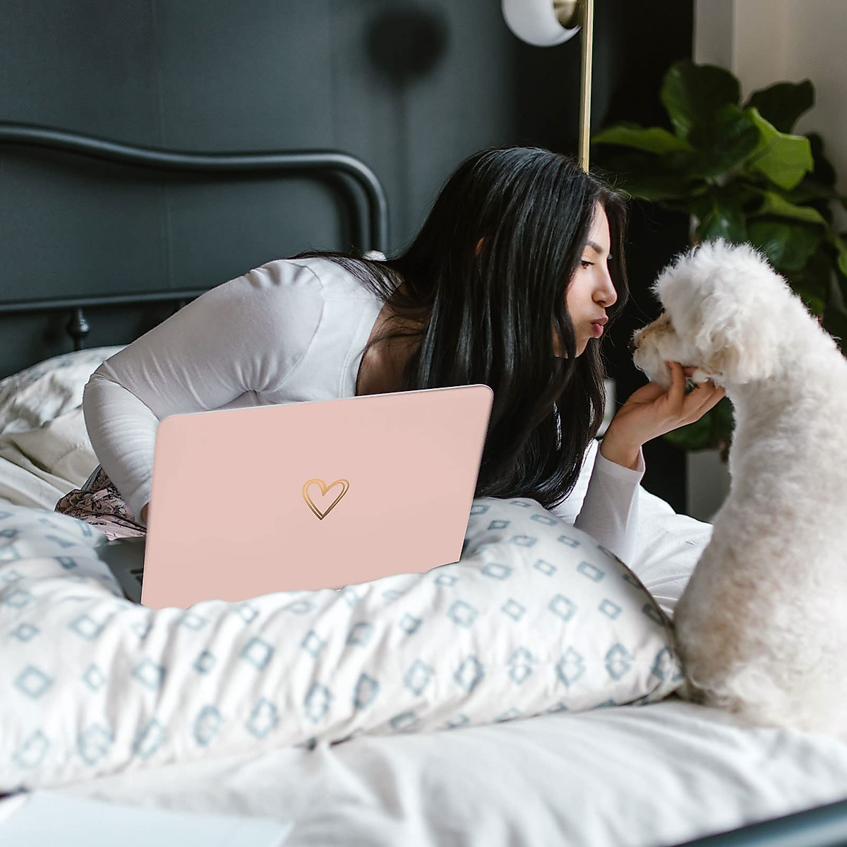 Seorsok Compatible with MacBook Air 13 Inch Case 2020 2019 2018 Release A1932 A2179 M1 A2337 Touch ID, Gold&Cute Heart Pattern Plastic Hard Shell Case with Keyboard Cover,Pink