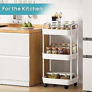 Vtopmart 3 Tier Rolling Cart with Wheels, Detachable Utility Storage Cart with Handle and Lockable Wheels, Storage Basket Organizer Shelves, Easy Assemble for Bathroom, Kitchen, White