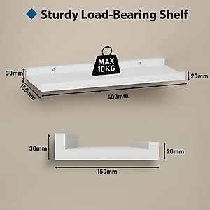 BONTEC Floating Shelves Set of 2, Wood Wall Mounted Shelves with Lip, 16 inch Bathroom Shelves for Bathroom, Bedroom, Living Room and Kitchen Wall Organizer up to 22lbs, White