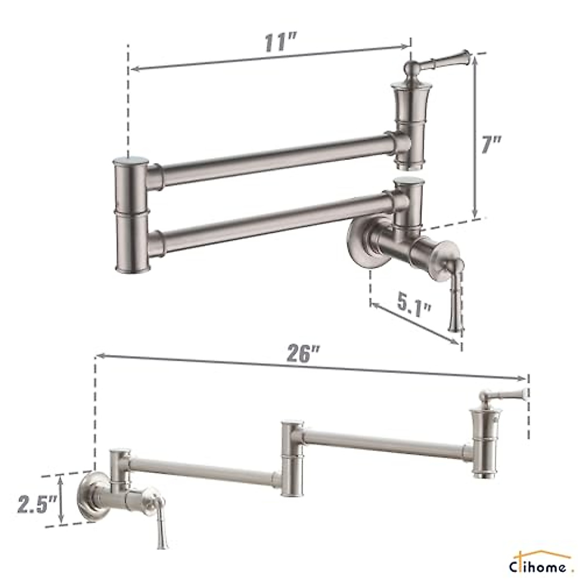 Double Handles Folding Pot Filler Kitchen Faucet with 360 Degrees Swing Arm Single Hole Brass Wall Mount Pot Filler Facuet Dual Joints Brushed Nickel