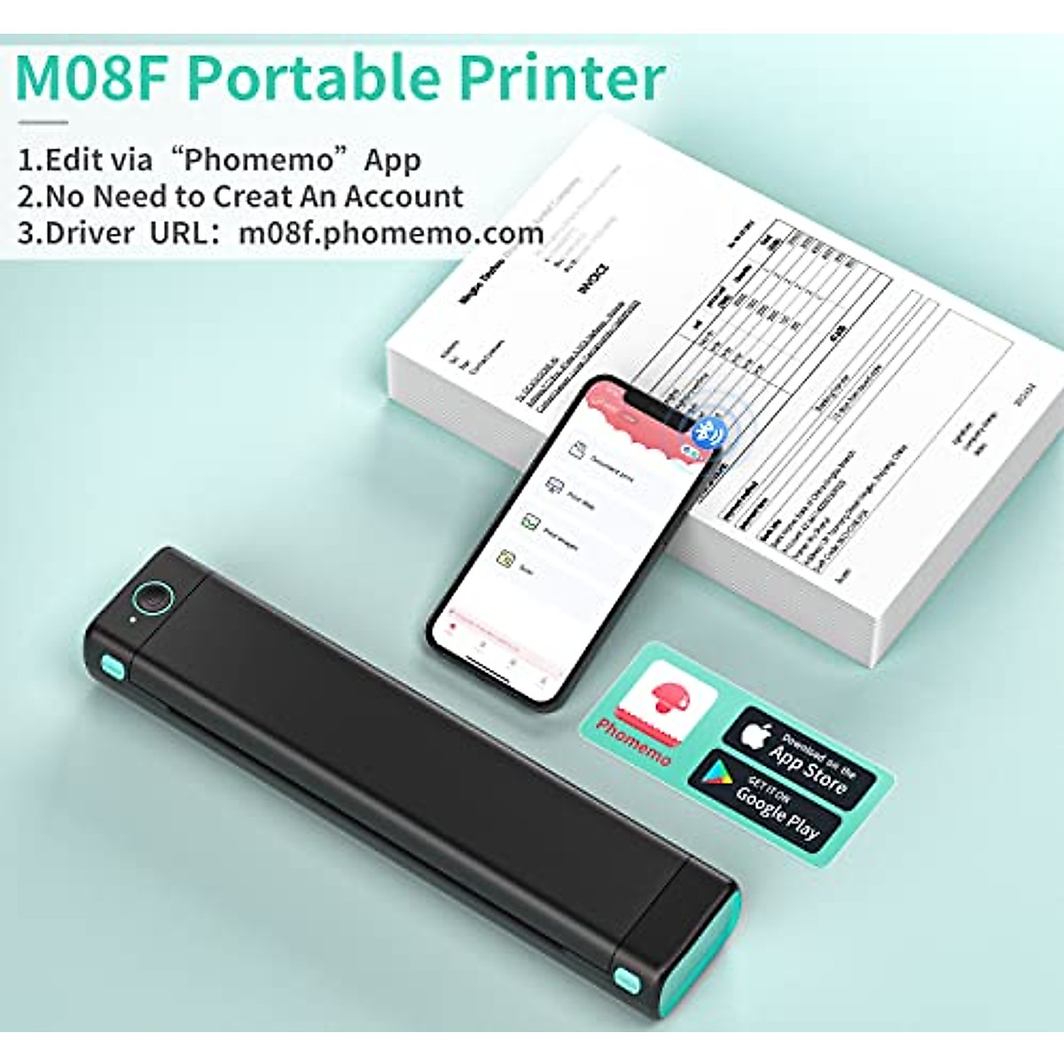 PhoPRT M08F Portable Printer,Thermal Portable Printers Wireless for Travel,Compact Bluetooth Mobile Printer Support 8.5" X 11" US Letter, Upgrade Inkless Small Printers Compatible with Phone,Laptop