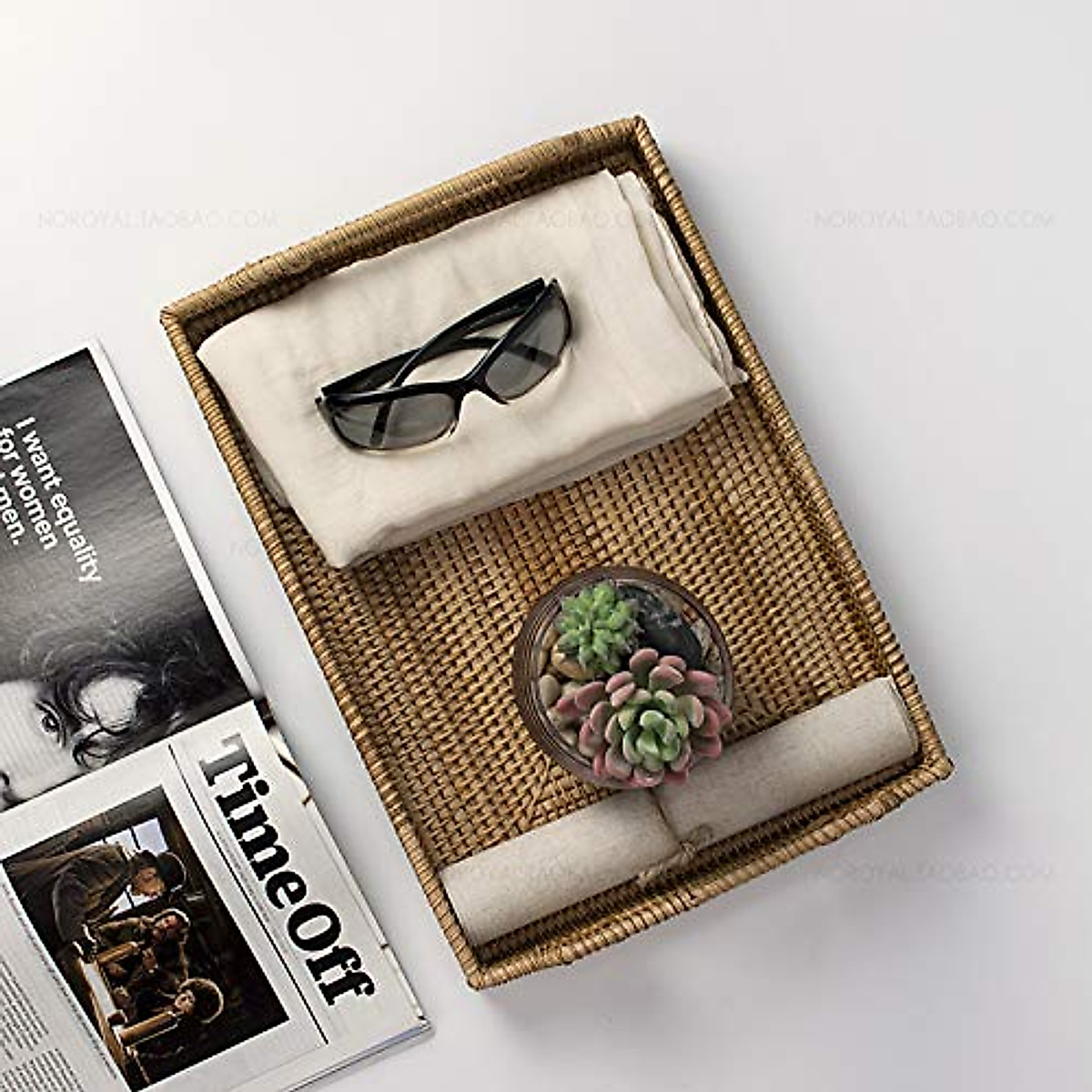 Hand-Woven Rattan Rectangular Serving Tray with Handles for Breakfast, Drinks, Snack for Coffee Table (14.5x10.2x1.4inches)