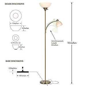 Brightech Sky Dome Plus LED Floor lamp, Torchiere Super Bright Floor Lamp with Reading Lamp for Living Rooms & Offices - Dimmable Tall Standing Lamp for Bedroom Reading - Gold Brass