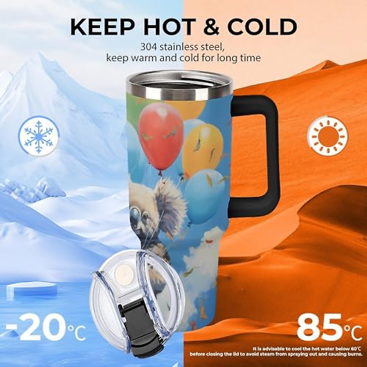 Koalas Balloons in Sky 40 Oz Stainless Steel Cup Travel Tumbler with Handle and Straw Lightweight Coffee Mug for Home Office