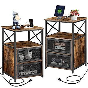 VECELO 24" End Table with Charging Station, Flip Drawer Nightstand Set of 2 with USB Ports and Outlets for Bedroom,Living Room, Rustic Brown