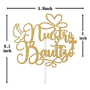 Nuestro Bautizo Cake Topper, Spanish First Holy Communion, My Baptism Day, Bridal Shower/Wedding/Baptism/Christening Baby Shower Party Decorations, Gold Glitter