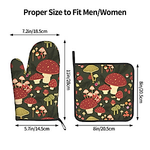 Vintage Mushroom Oven Mitts and Pot Holders Sets of 2, Non-Slip Cooking Hot Pads Washable Heat Resistant for Kitchen Microwave BBQ Baking Grilling