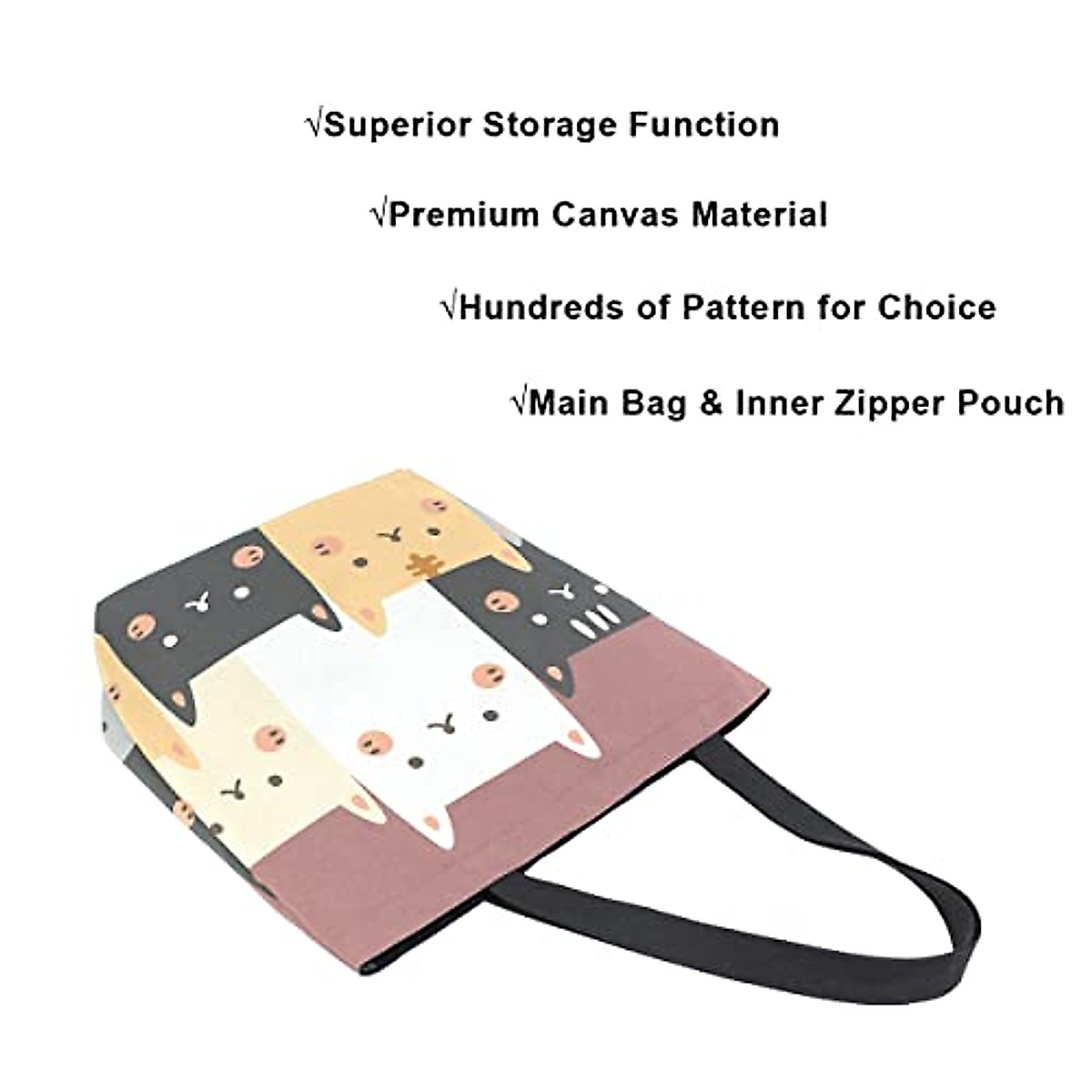 ALAZA Cut Cat Kitten Print Kawaii Large Canvas Tote Bag Shopping Shoulder Handbag with Small Zippered Pocket