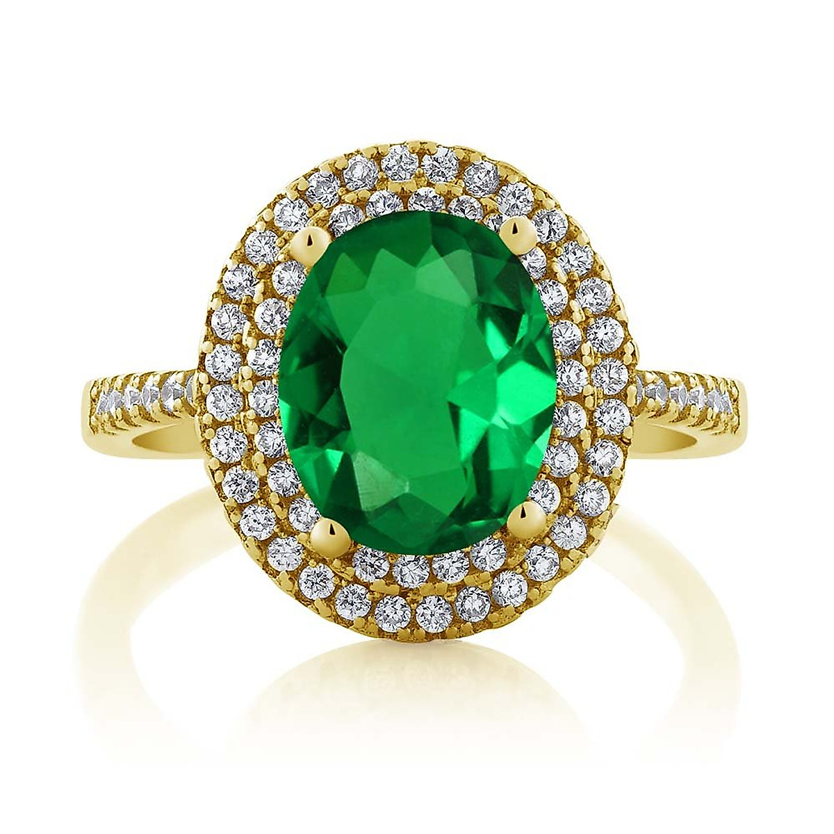 Gem Stone King 18K Yellow Gold Plated Silver Green Simulated Emerald Ring For Women (2.80 Cttw, Oval 9X7MM, Available in size 5, 6, 7, 8, 9)