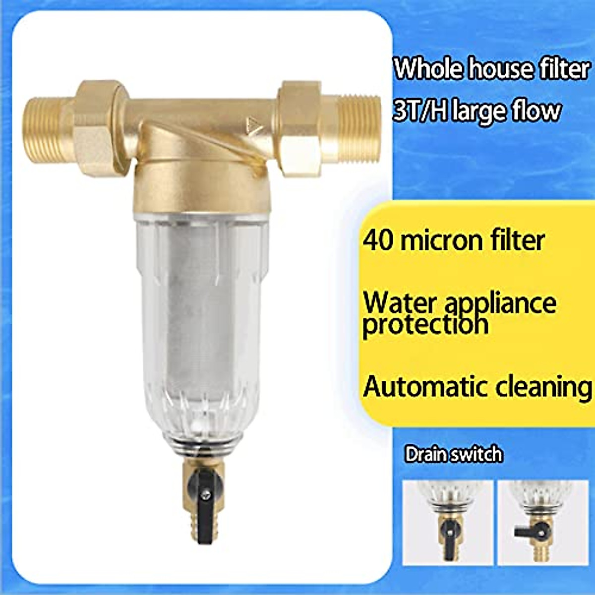 CJGS Water Pre-Filter Sediment Filter 40 Micron,Central Prefilter Whole House Water Filter Purifier System 3T/h Siphon Backwash -Reusable Spin Down Sediment Water Filter