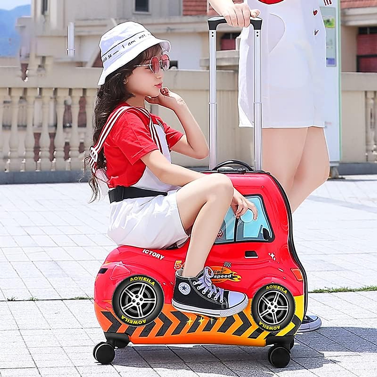 AO WEI LA OW Kids Ride-On Luggage with Wheels Suitcase Fits to Toddler Aged 3-12 Years old （Red Car Checked-Large 25-Inch