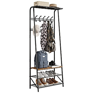 Coat Rack Shoe Bench with 10 Hooks, Hall Trees Entryway Bench with Storage, Multifunctional Hallway Organizer, Wood Look Accent Furniture with Metal Frame