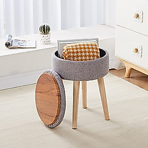 Mxfurhawa Storage Ottoman Linen Round Vanity Stool Tray Top Modern Foot Stool with Wood Legs Multifunctional Upholstered Foot Ottoman Rest for Living Room, Bathroom, Makeup (Grey)