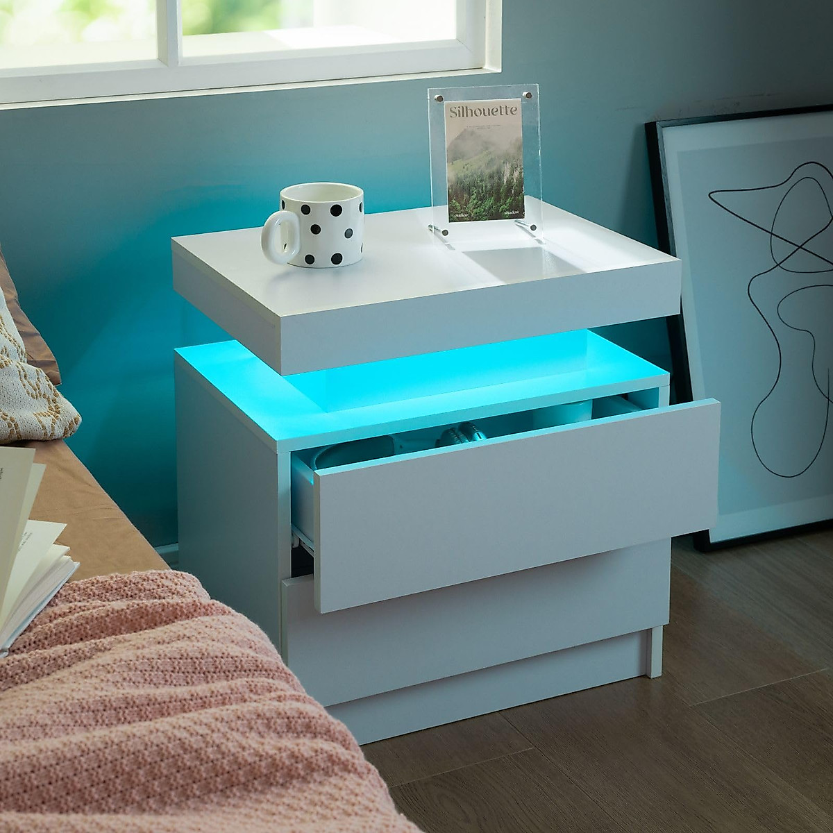 i-aplus Nightstand Set of 2 LED Nightstand with 2 Drawers, Bedside Table with Drawers for Bedroom Furniture, Side Bed Table with LED Light, White