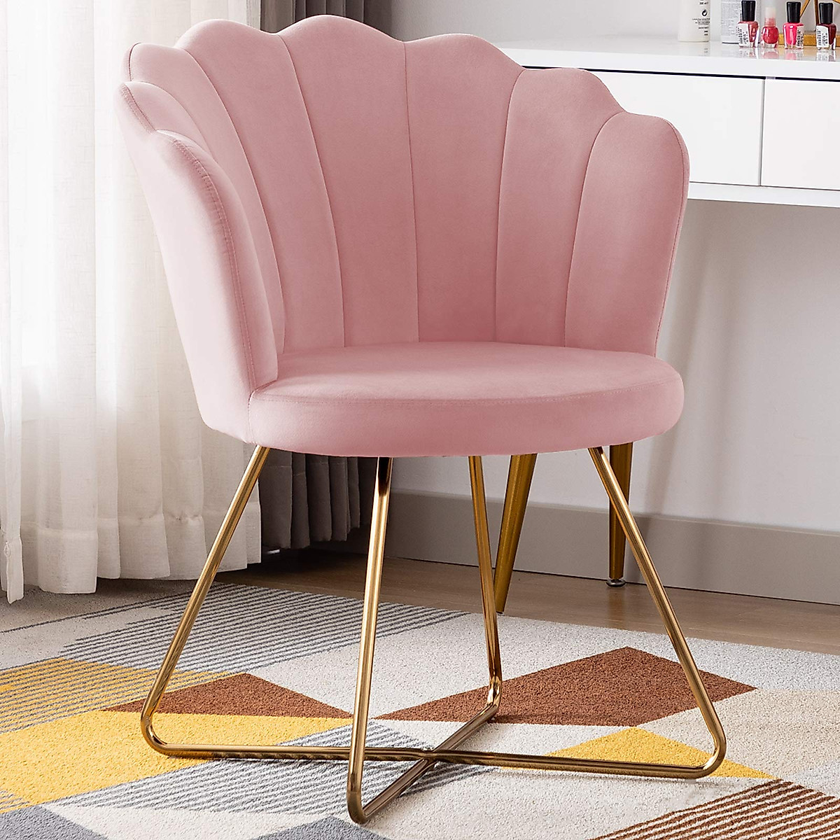 DUHOME Velvet Accent Chair，Living Room Chair with Back for Bedroom, Shell Shaped Living Room Chairs with Golden Metal Legs, Salmon Pink