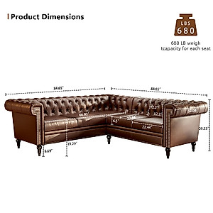 EYBCT Faux Leather Sectional Sofa Couch for Living Room, L Shaped Reversible Modern Chesterfield Sofa with Rolled Arms and Nailhead, 5 Seat Tufted Couch for Small or Large Space (Dark Brown)