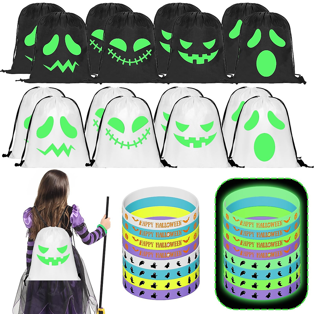 32 Pcs Halloween Treat Bags Set with 16Pcs Halloween Glow in The Dark Ghost Trick or Treat Bag for Ghost Candy Drawstring Backpack Bags and 16Pcs Halloween Glow Silicone Bracelets for Party Supplies