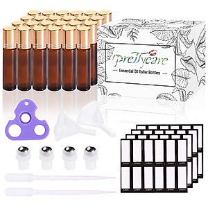 PrettyCare Roller bottles for oils 10ml (Amber Glass, 24 pack, 4 Extra Stainless Steel Balls, 48 Labels, Openers, 2 Funnels, 2 Droppers Roller Balls For Essential Oil Roller Bottles