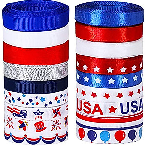 18 Rolls 90 Yards Bulk Patriotic Ribbons Red White Blue Striped Printed Ribbons Assortment 3/8 Grosgrain Ribbon Satin Ribbons Glitter Ribbons Organza Ribbons for 4th of July Craft Gift Wrapping Sewing