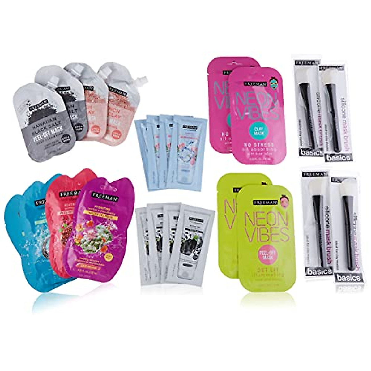 Freeman Beauty Everyday and Neon Vibes Facial Mask Variey Pack with Silicone Brush Applicators, Blue, Lavender, 17 Count