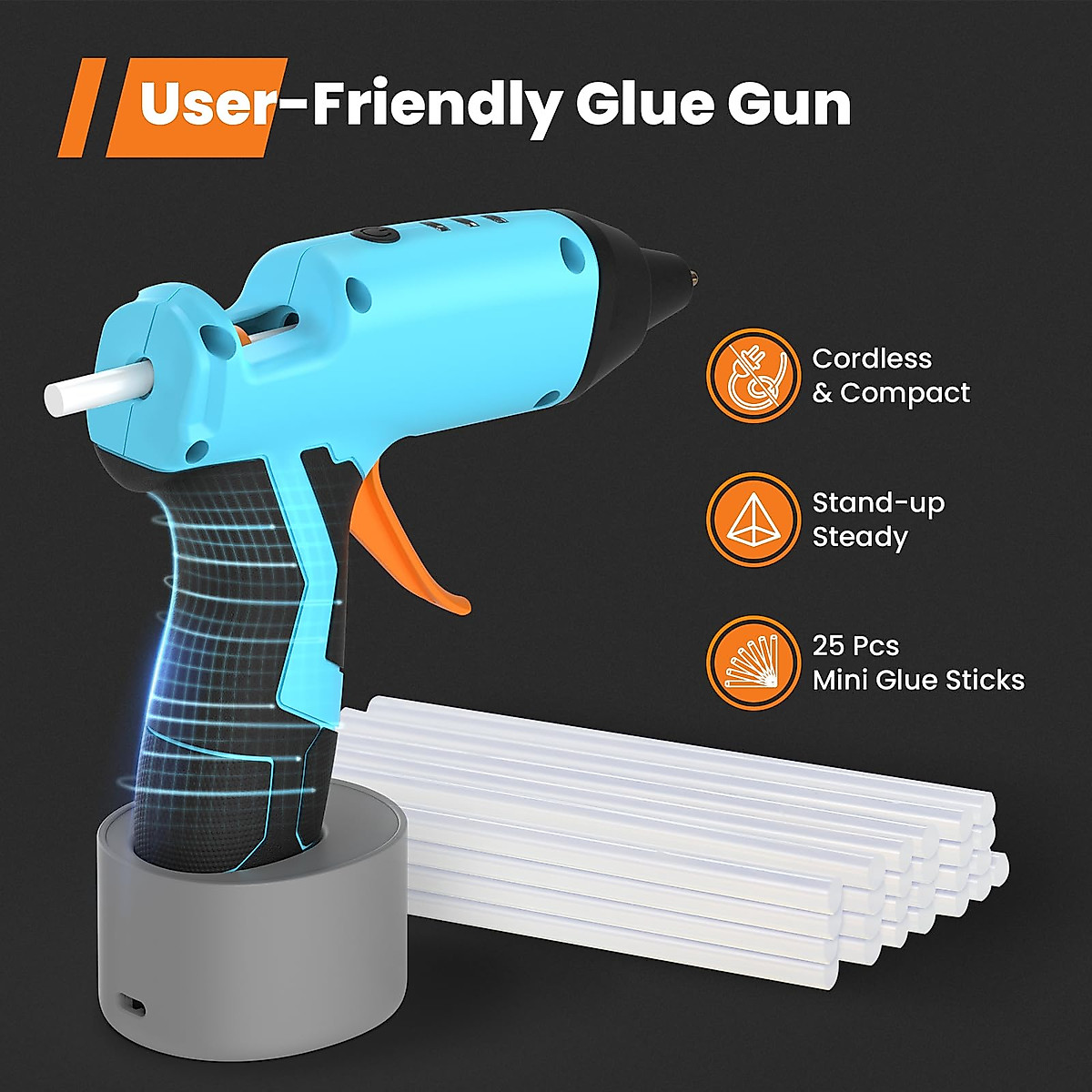 Cordless Hot Glue Gun, GoGonova 15s Fast Preheating Glue Gun, 5Ah Built-in Battery Hot Melt Glue Gun, Smart Power-Off, Kit with 25 Pcs Premium Mini Glue Sticks and USB-C Charging Port