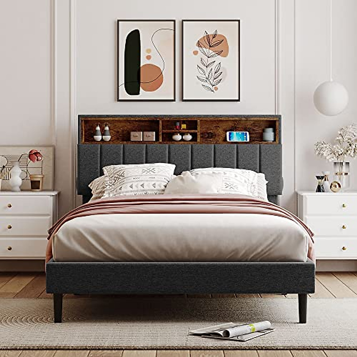 Merax Modern Upholstered Platform Bed with Storage Headboard and USB Port Wood Bed Frame No Box Spring Needed/Easy Assembly Queen, Gray