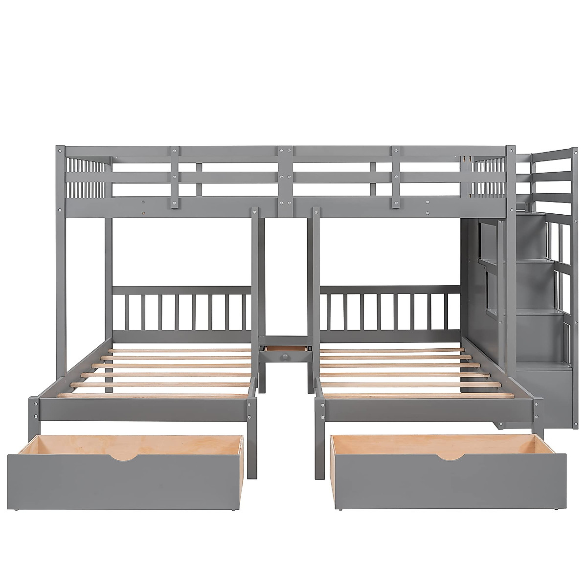 Full Over Twin & Twin Bunk Bed, Wood Triple Bunk Bed Frame with with Staircase, Drawers and Guardrails, Multi-Functional Bunk Bed for Kids, Teens, Adults (Gray*Staircase)