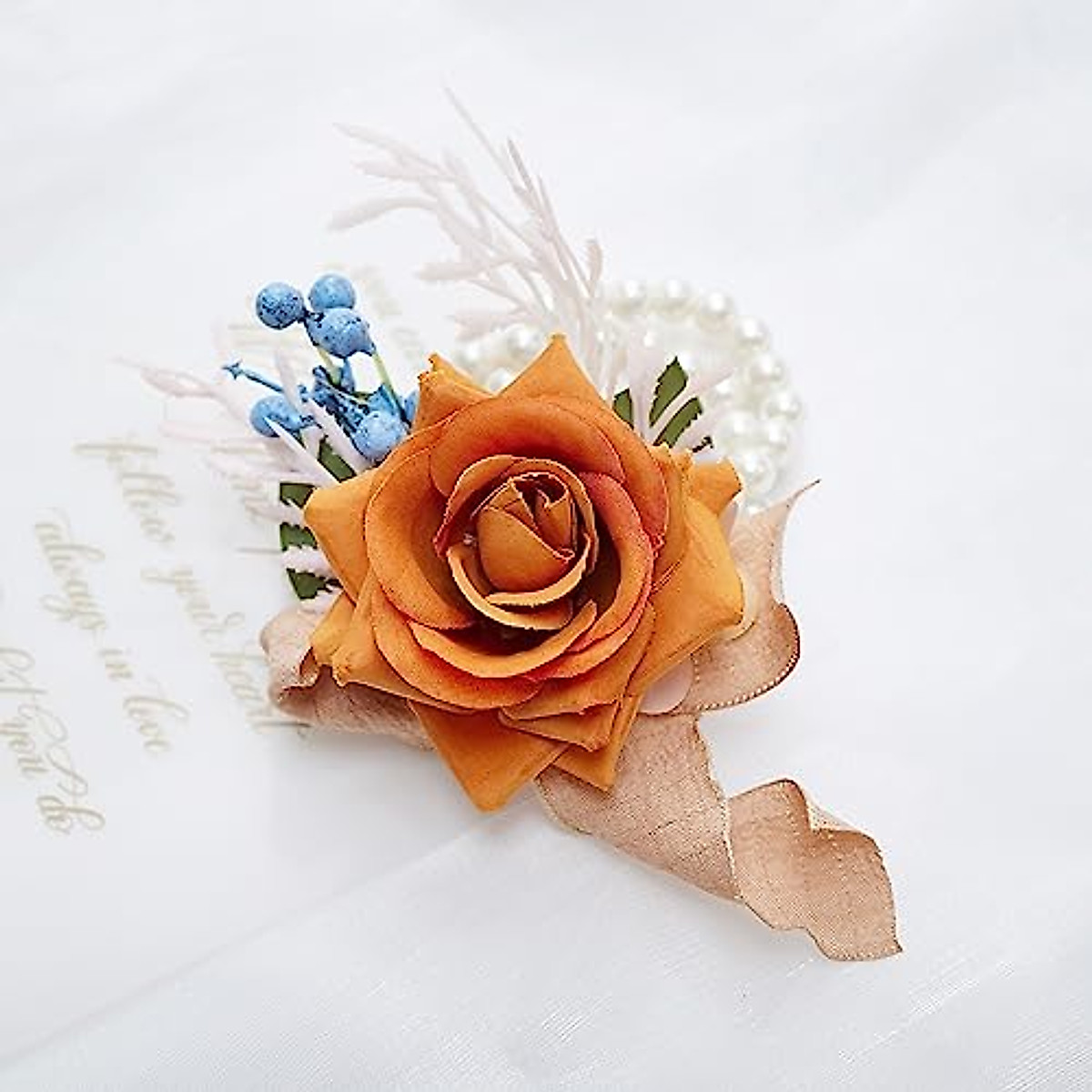 AJOYEGG Wrist Corsage Wristlet Band Bracelet: Set of 6 Corsage Flower for Women Bride Bridesmaid Wedding Prom(Burnt Orange)