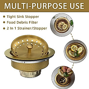 EXAKEY Kitchen Sink Drain Assembly Gold Sink Drain Strainer with Fixed Post 3-1/2 Inch Kitchen Drain with Strainer Basket and Drain Stopper for Standard Kitchen Sink Stainless Steel Brushed Gold
