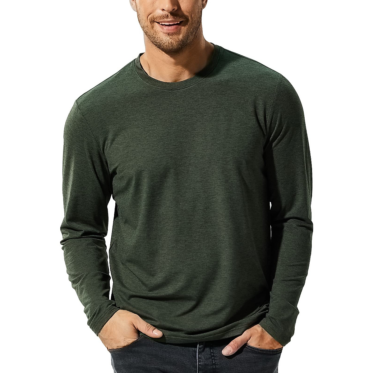 MIER X-Sofort Men's Long Sleeve Tee Shirts for Workout, Running, Gym, Athletic Buttery Soft Crew Neck Lightweight Dry Fit T-Shirts, Dark Green Heather, M