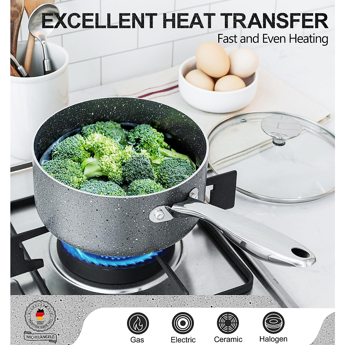 MICHELANGELO Sauce Pan with Lid, 1 Quart Saucepan with Lid Granite, Non Stick Sauce Pan with Stainless Steel Handle, 1 Qt Saucepan with Nonstick Coating, Grey