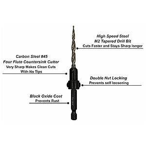JNB Pro Wood Countersink Drill Bit Set,3 Pc Adjustable Countersink Bit #6(9/64"),All Same Size,1 Extra 9/64" Tapered Drill Bit, 1 Adjust. Collar,1/4" Quick Change Shank,Countersink (#6(9/64))
