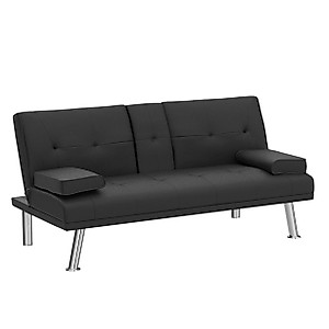 Anwickmak Convertible Futon Sofa Bed,PU Leather Modern Couch Loveseat Sleeper, Folding Daybed Guest Bed, Removable Armrests, 2 Cup Holders, Metal Legs (Black)