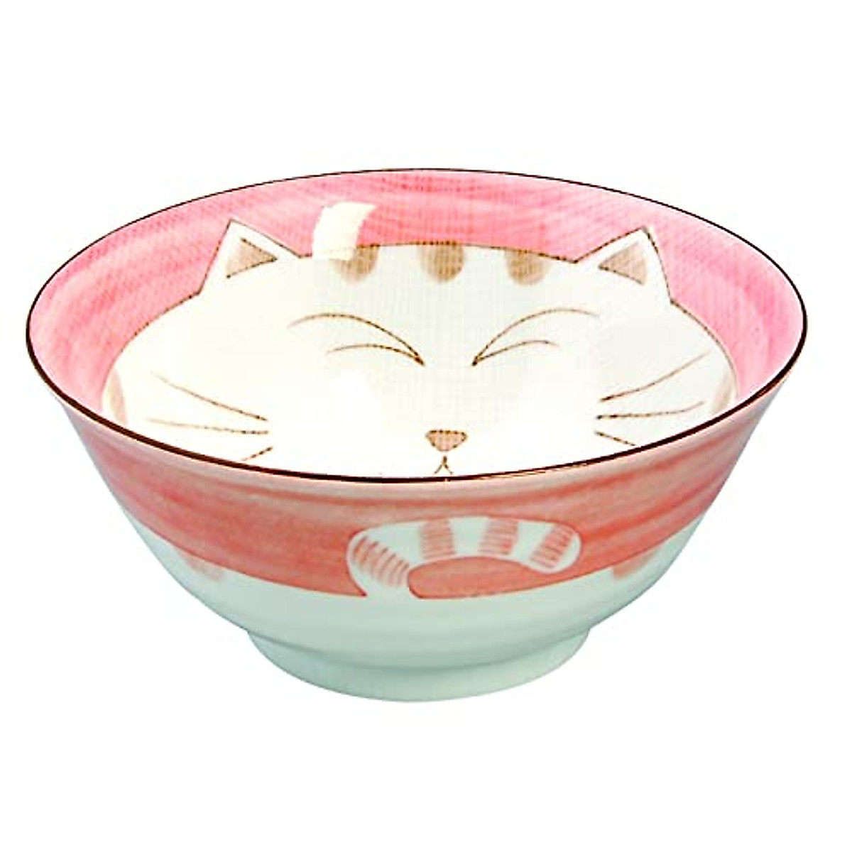 JapanBargain 2482, Japanese Porcelain Soup Bowl for Dinner Lunch Rice Poke Donburi Udon Ramen Noodle Pasta Cereal Maneki Neko Smiling Lucky Cat Pattern for Cat Lovers Made in Japan, 6-inch, Pink