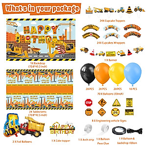 Mpanwen Construction Birthday Party Supplies, 136 Pcs Dump Truck Party Decorations for Boys Baby - Backdrop, Banner, Toppers, Balloons, Cupcakes Wrappers, Party Traffic Signs, Tablecloth