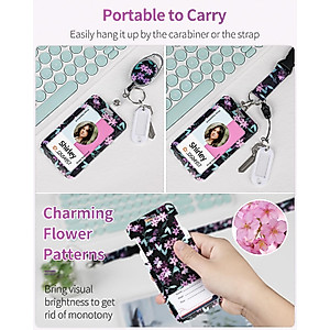 Uniclife Floral Sliding Badge Holder Purple Flower Plastic Case with Retractable Badge Reel Carabiner Clip & Detachable Lanyard Strap Fashionable Vertical Card Protector for Women Teacher Student