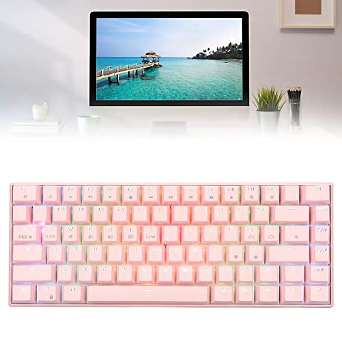Heayzoki 82 Key Gaming Keyboard, RGB Backlight Mechanical Keyboard 2.4G/Bluetooth 3.0/5.0/Type-C Ergonomic Pink Gaming Keyboard for Office Home(Black Shaft)