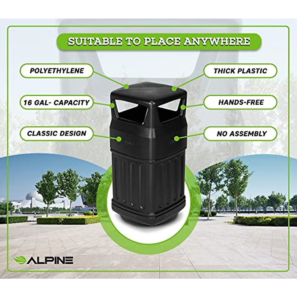 Alpine Industries Outdoor/Indoor Trash Can - Heavy Duty Garbage Can with Lid - Trash Bin for Home, Kitchen, and Bathroom - (16-Gallon Capacity, Black)