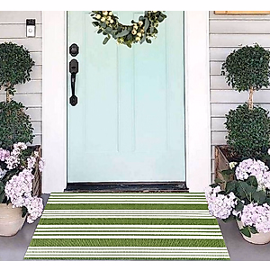 Green and White Striped Outdoor Rug 24'' x 35'' Door Mat Outdoor Machine Washable Welcome Mats Cotton Hand-Woven Entryway Rug for Front Porch/Entryway/Laundry/Bathroom/Bedroom